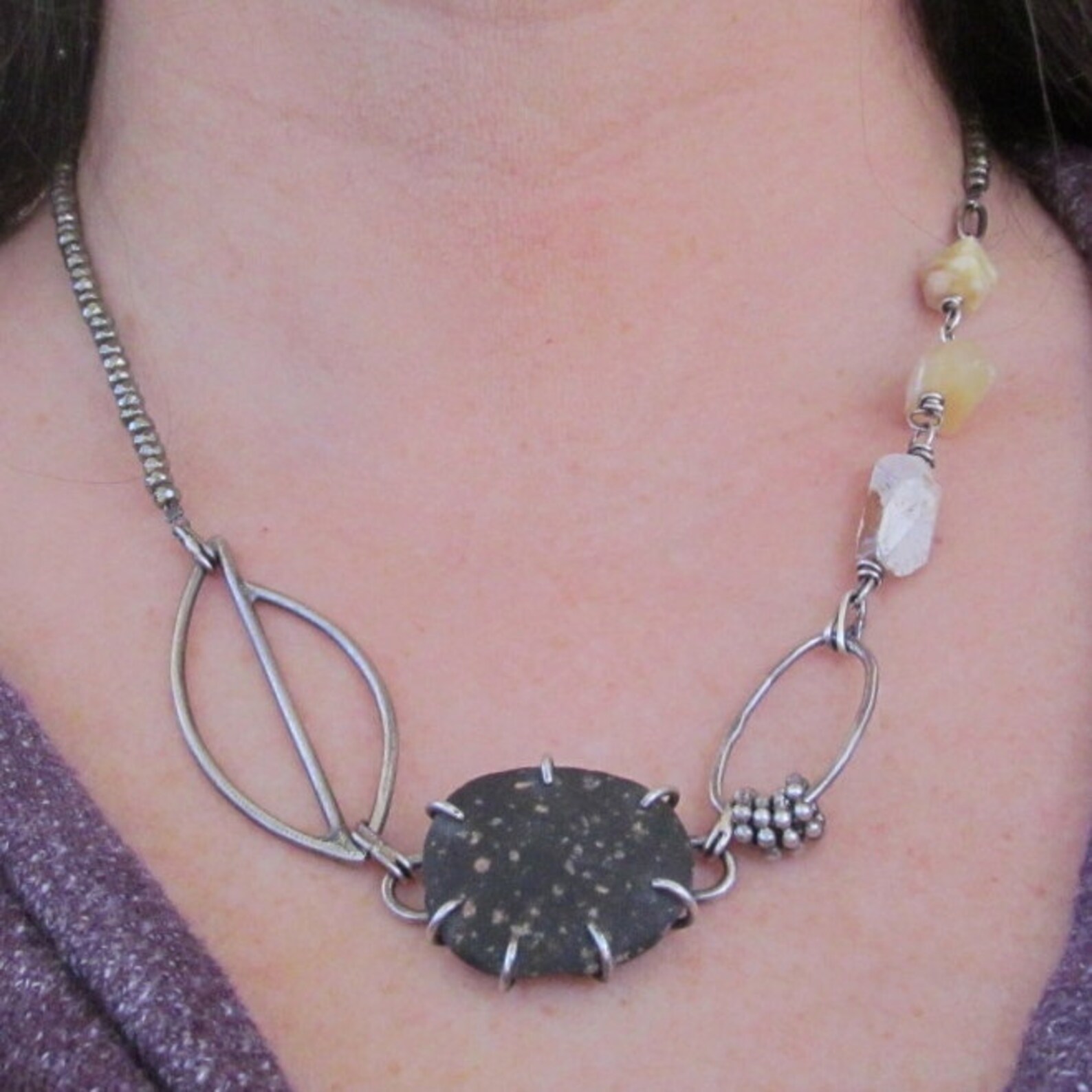 Short Necklace Silver Beach Stone Pyrite Yellow Opal Graphic - Etsy