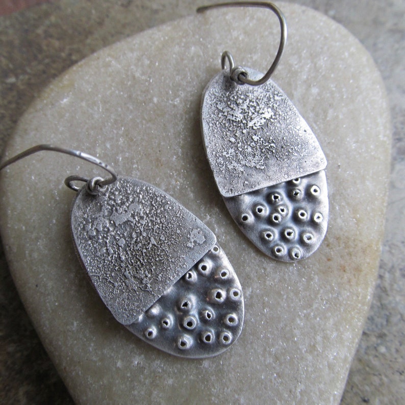 Rustic Silver Earrings Oval Hoop Earrings Textured Dangle | Etsy