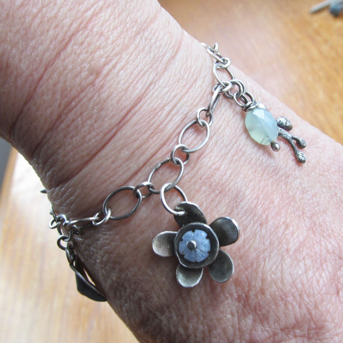 Spring Charm Bracelet Silver Flower Charm Green Blue Gemstone - Etsy