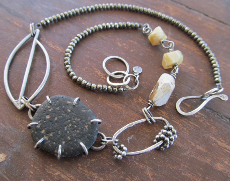 Short Necklace Silver Beach Stone Pyrite Yellow Opal Graphic - Etsy