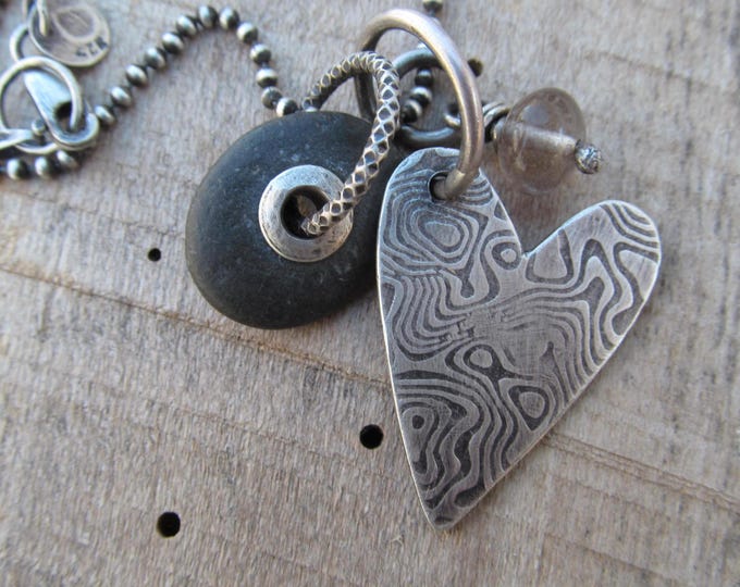 Chunky Silver Heart Riveted Beach Stone Necklace Multi Charms Quartz - Etsy