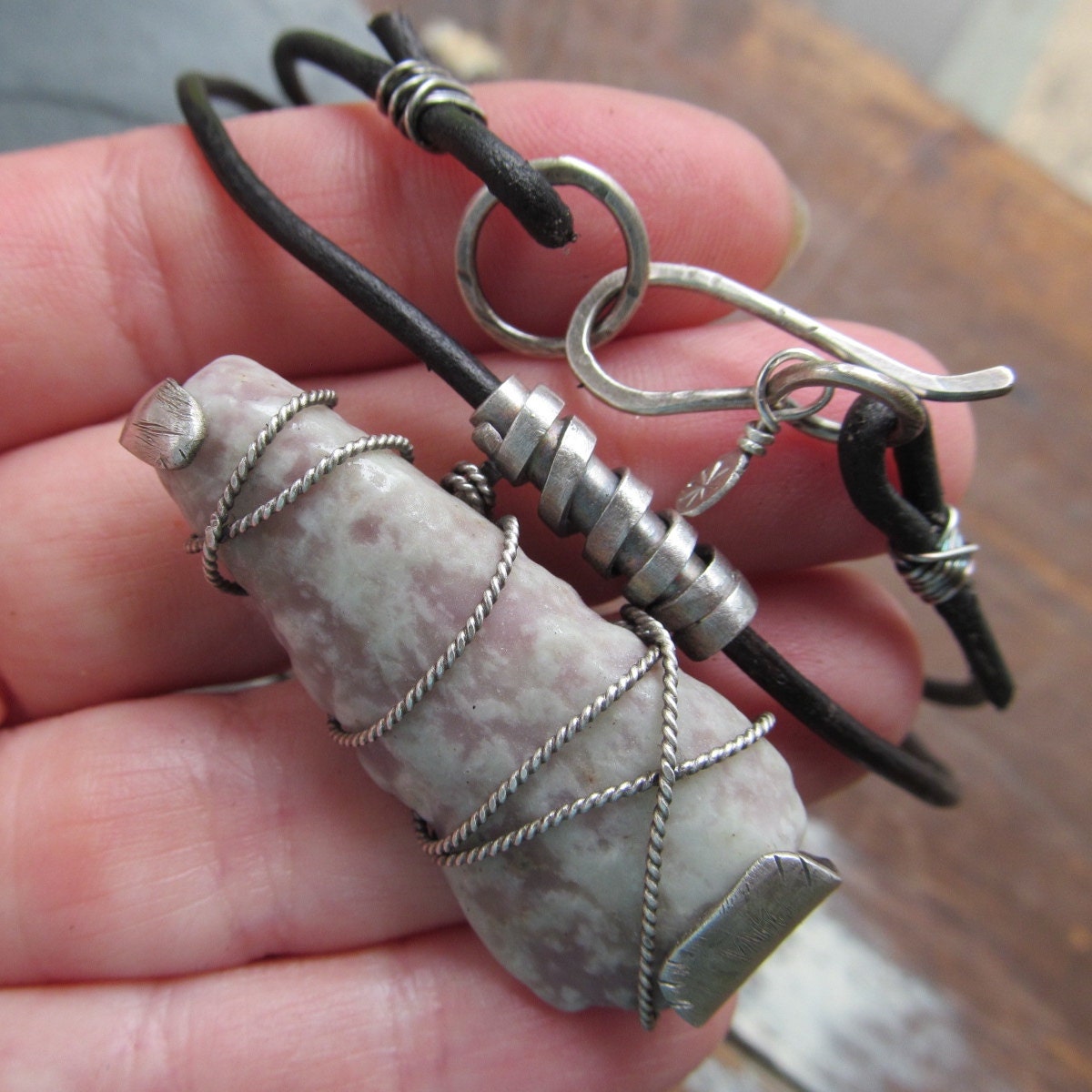 Men's Rough Stone Necklace for Men Leather and Silver Necklace Rough ...