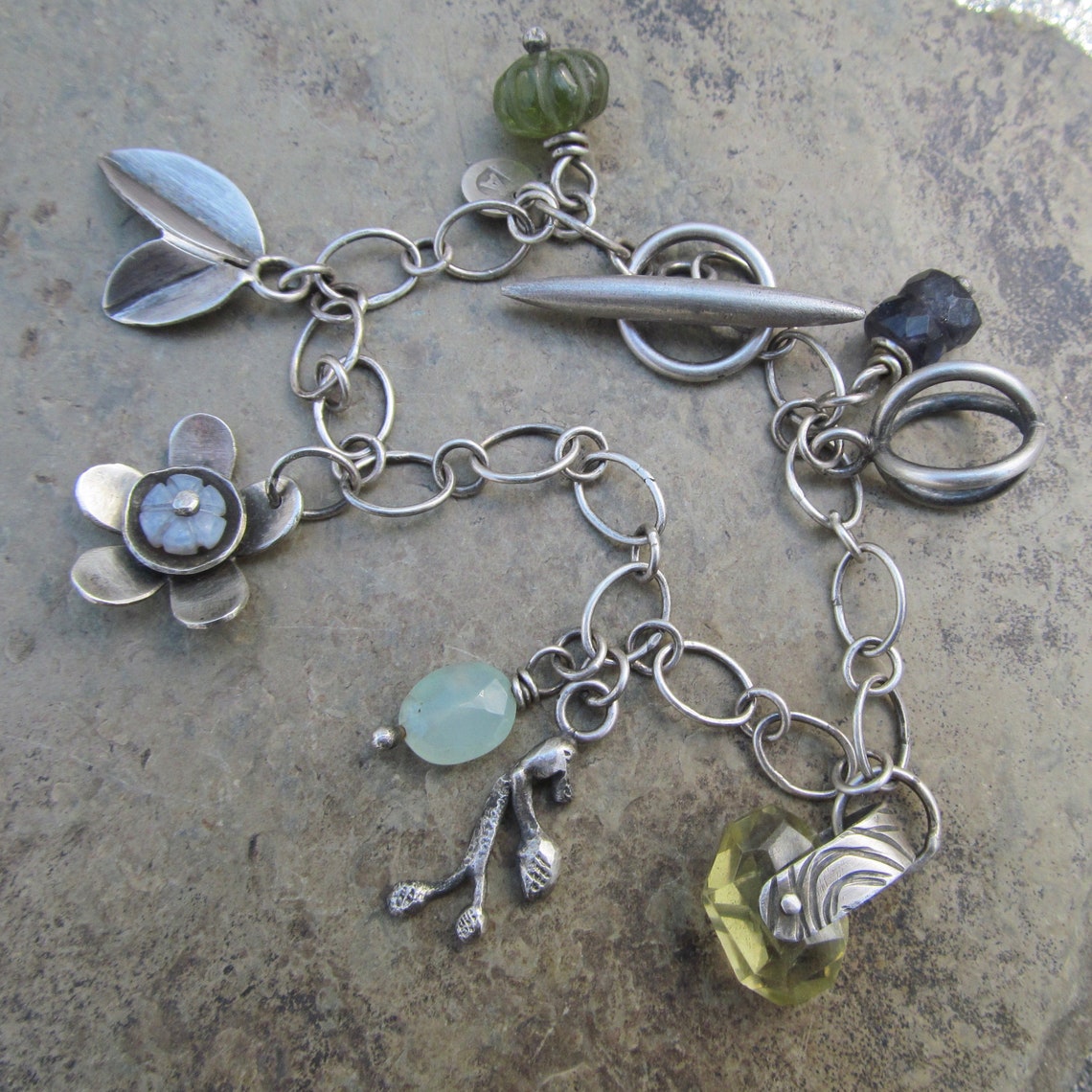 Spring Charm Bracelet Silver Flower Charm Green Blue Gemstone - Etsy
