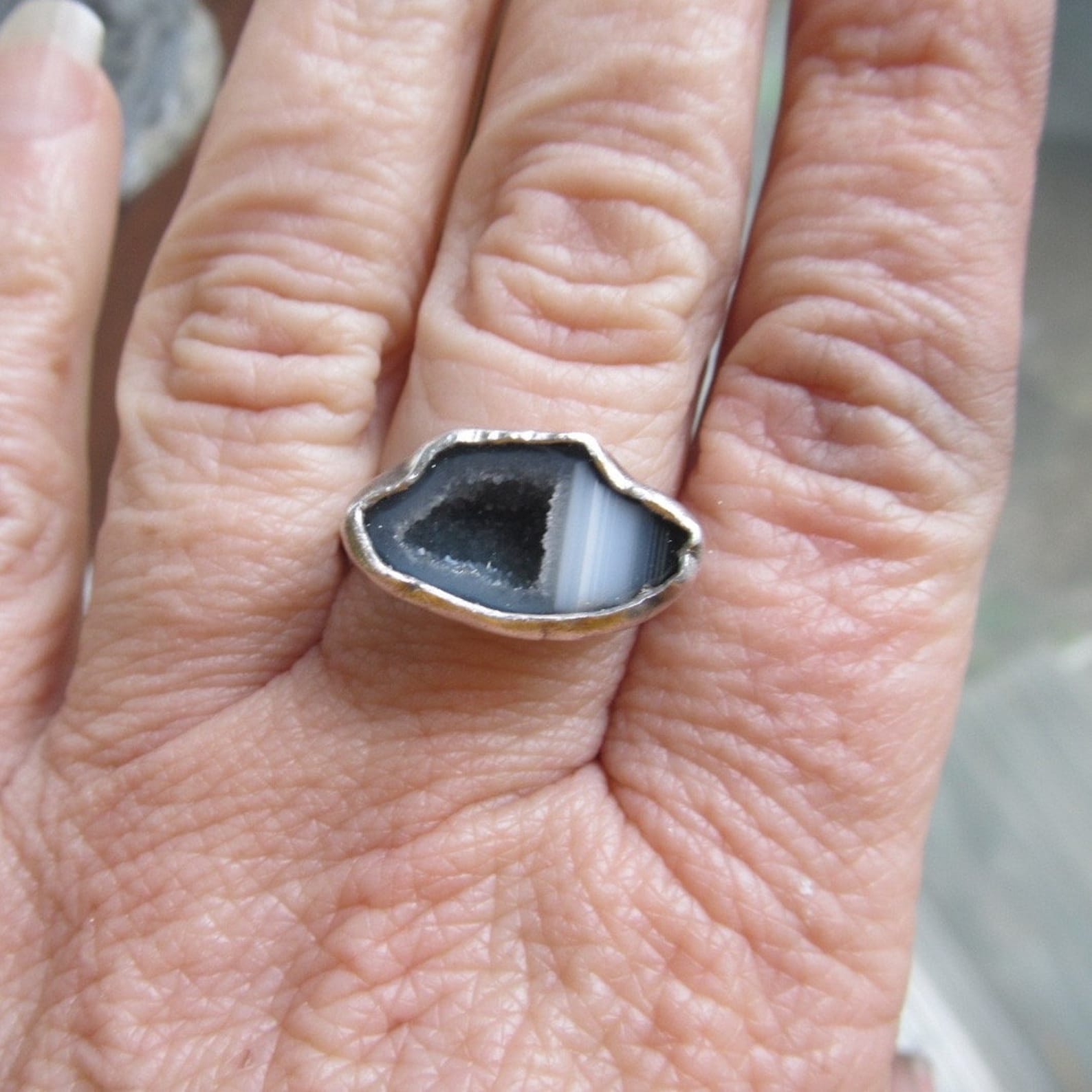 Silver Mini Geode Ring Gray Druzy Ring Sparkly Druse Gemstone Ring ...