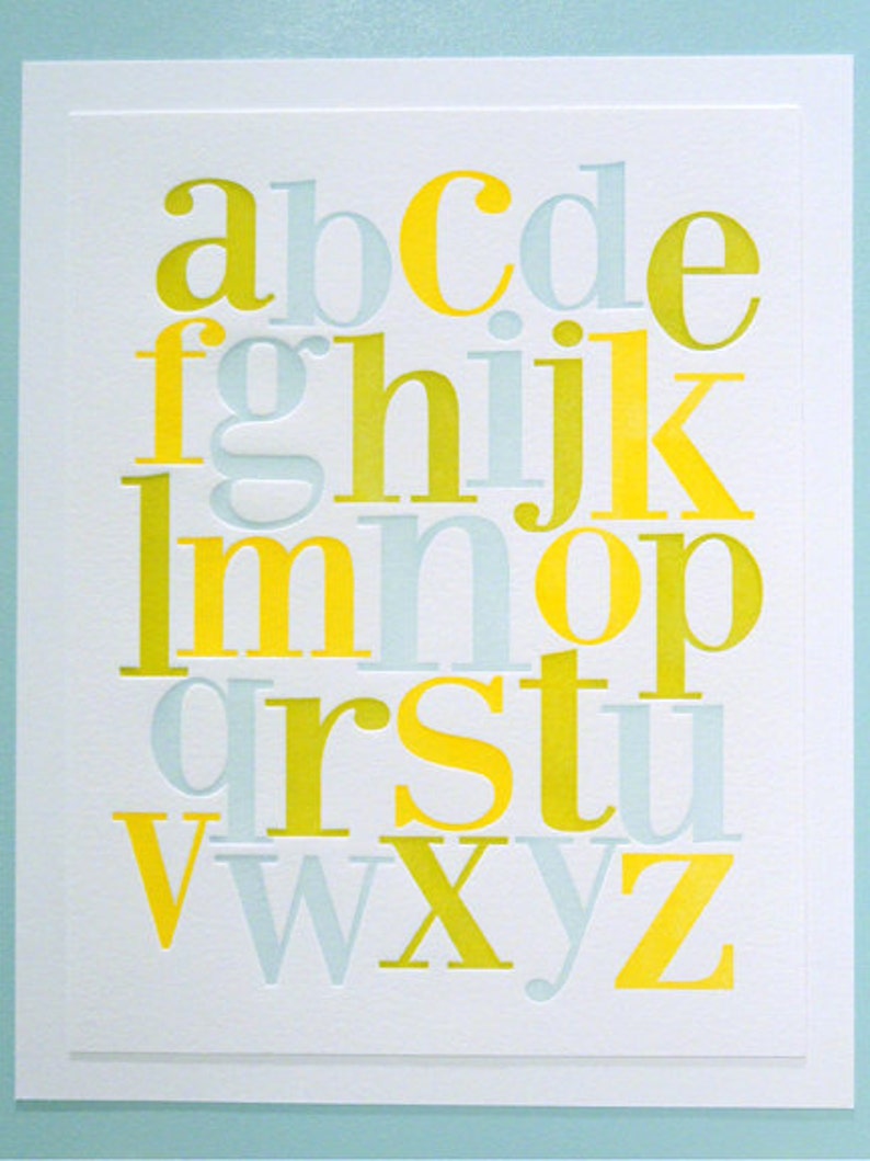 Letterpress Alphabet Print in Yellow, Lime Green and Sky Blue for ...