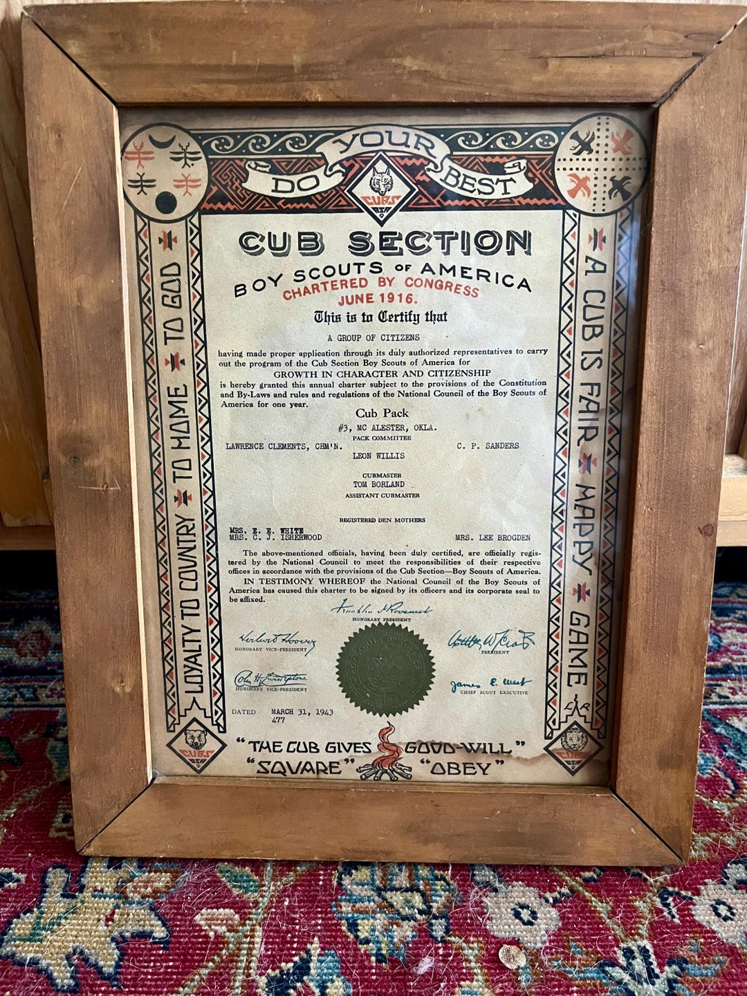 Vintage 1943 Framed Boy Scouts of America Cub Scout Charter With ...