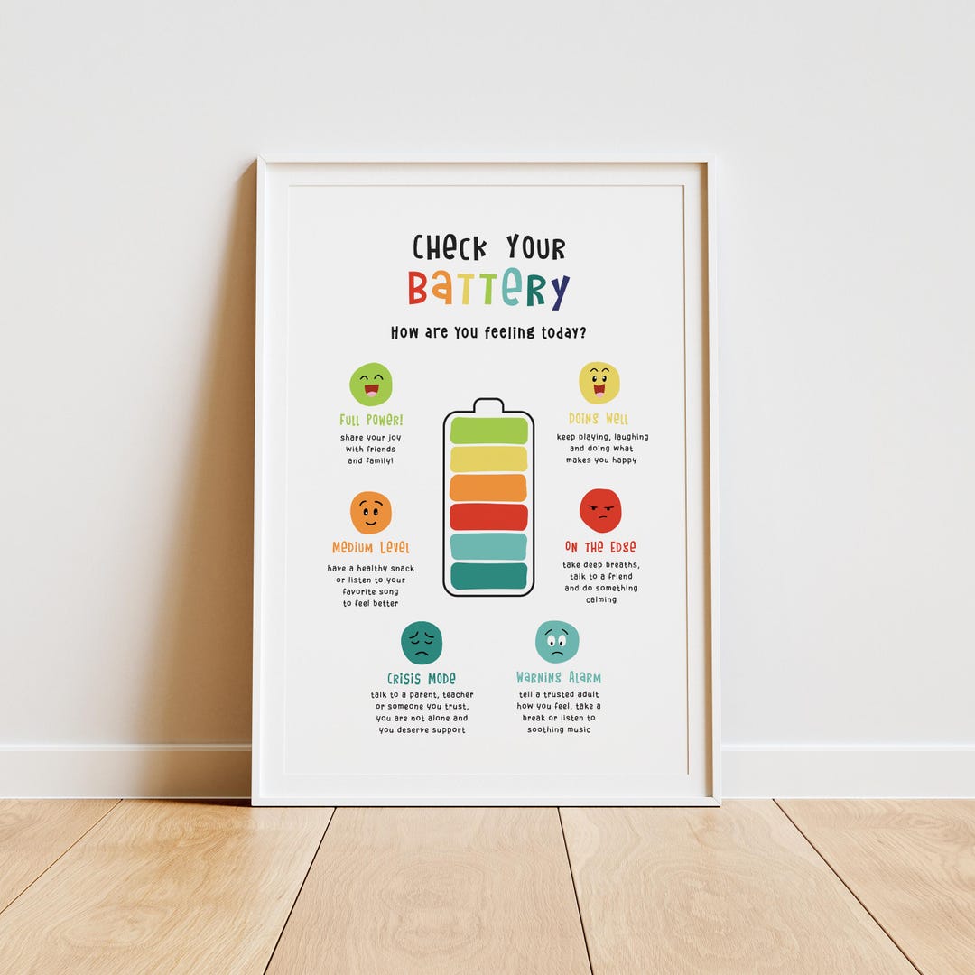 Feelings Battery Chart Poster for Kids Motivational Wall Art Positive ...