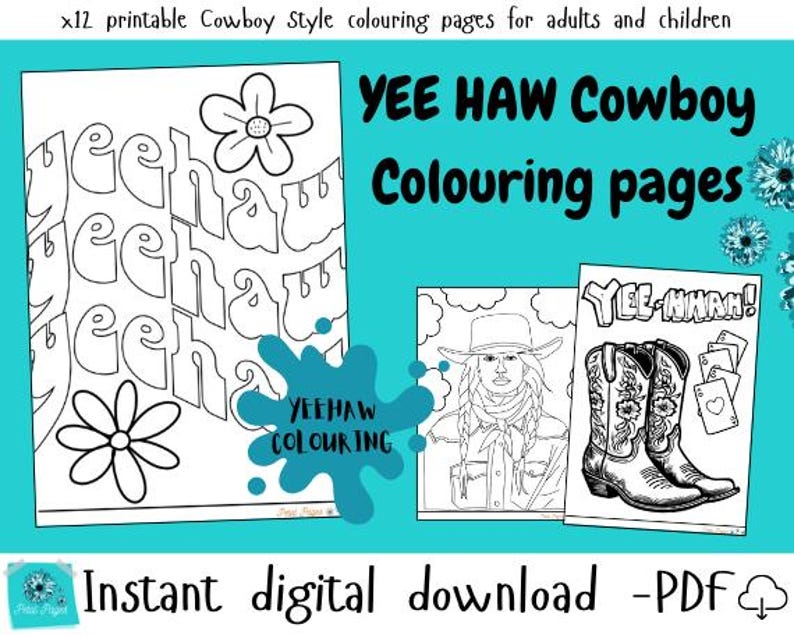 12 YEE HAW Cowboy Style Colouring Pages Easy, Relaxing & Cozy Adult ...