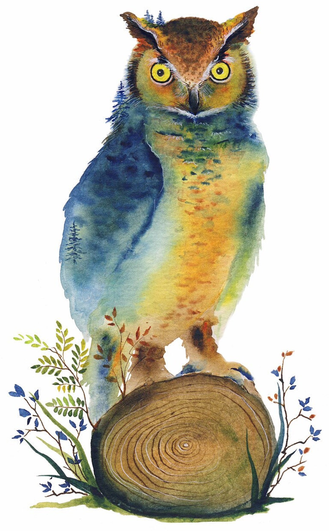 Wisdom Great Owl Wise Old Owl Log Tree Art Print Watercolor Painting ...