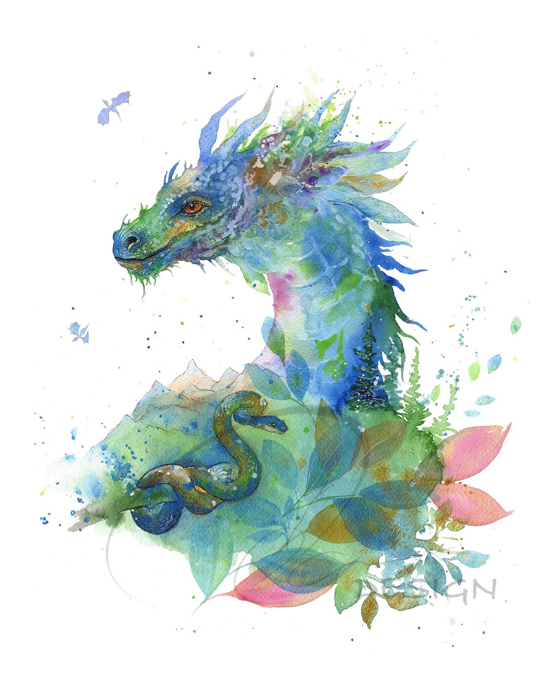 Mythic Watercolor Art Print Colorful Serpent Dragon Snake ...