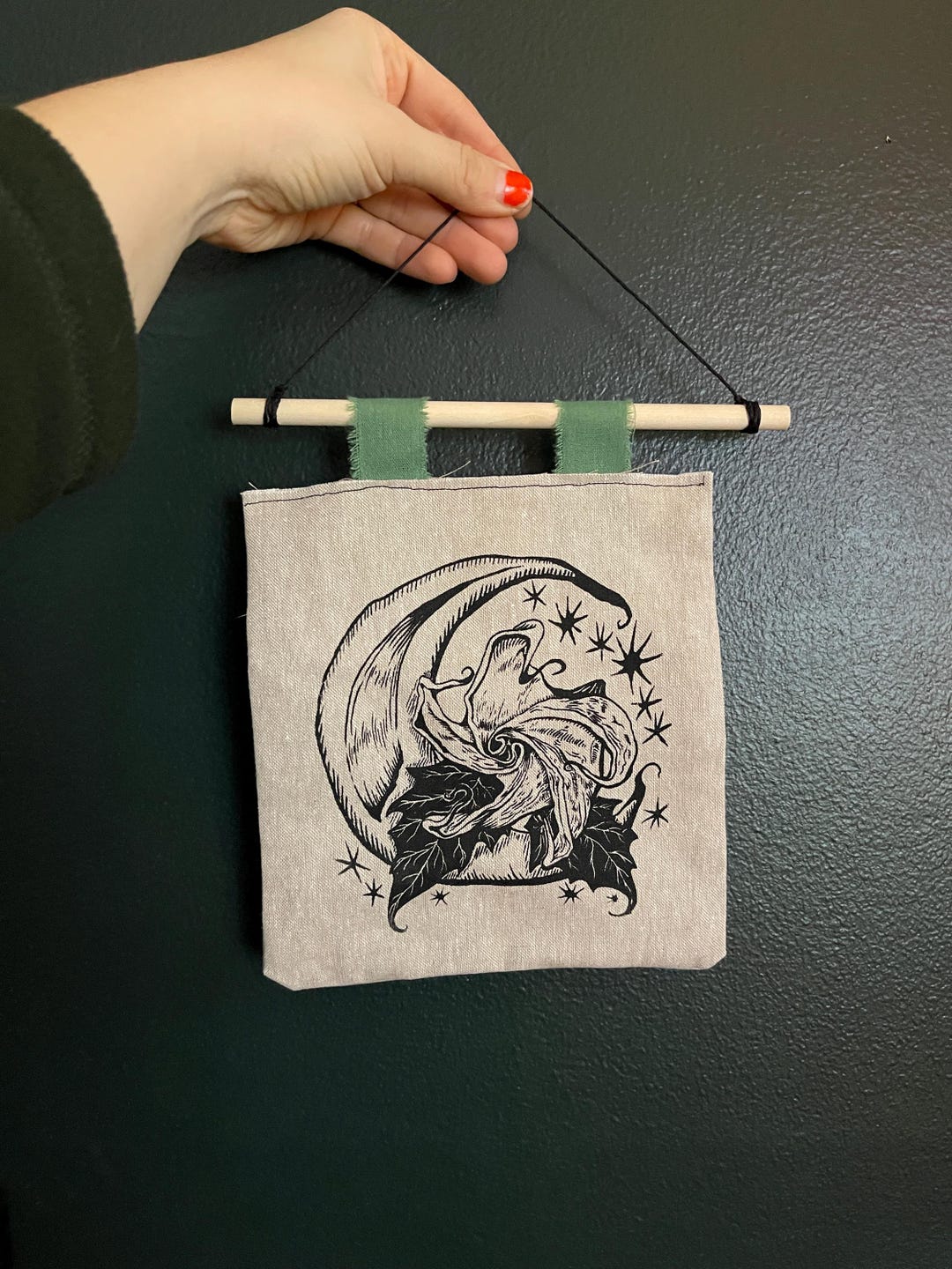 Datura Moonflower and Moon Banner- Hand Sewn & Screenprinted, Ready to ...