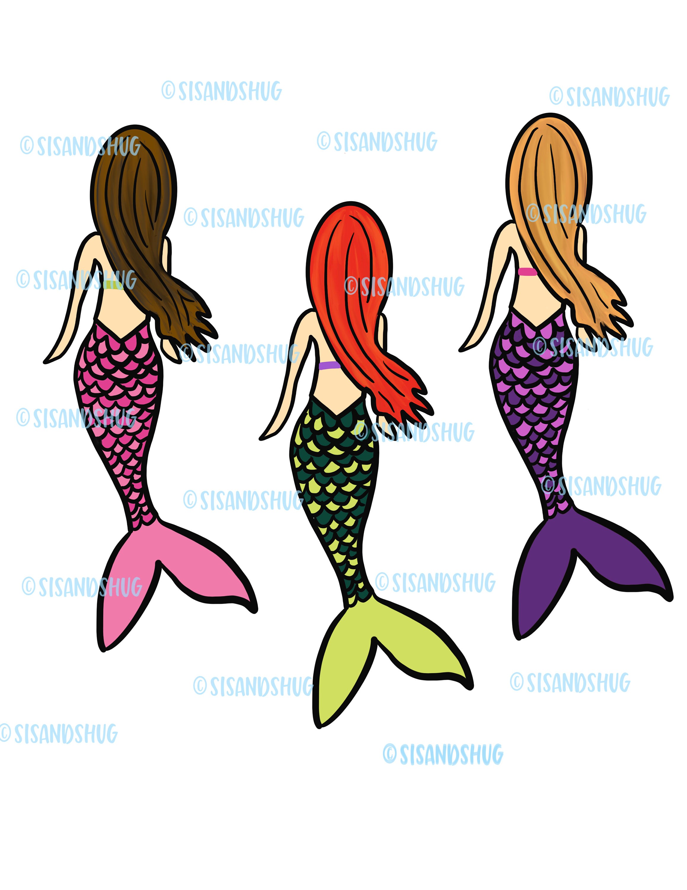 Mermaid Trio PNG Hand Drawn Sublimation Design - Etsy