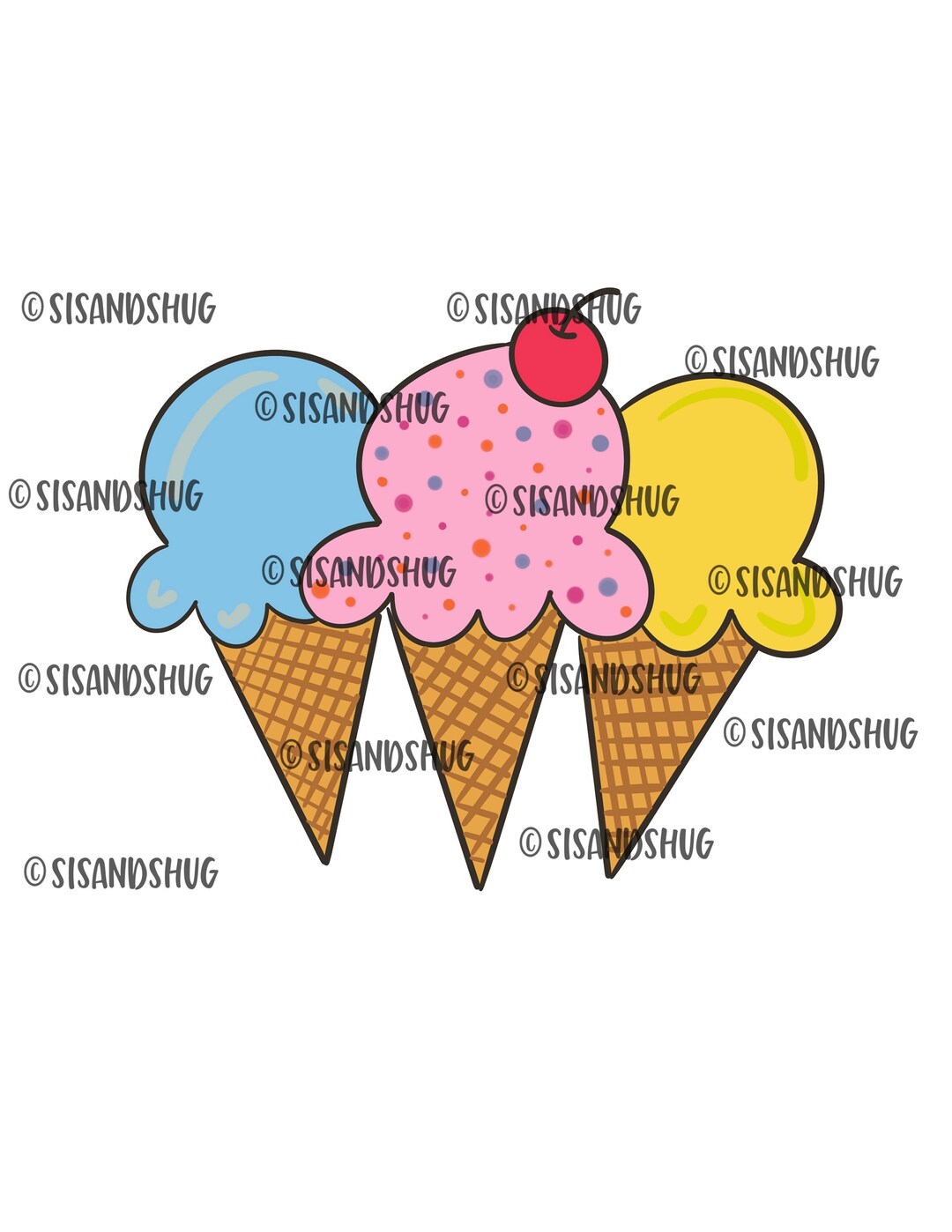 Triple Ice Cream Cones PNG | Hand Drawn | Sublimation Design ...