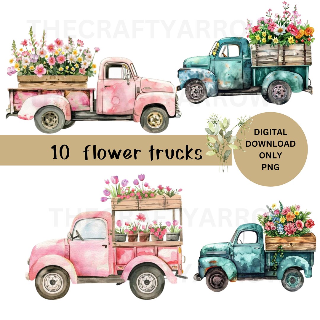 Watercolor Flower Truck Clipart Set, Vintage Floral Truck Illustrations ...