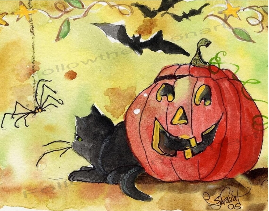 Big Spider Bats & Black Halloween Kitten Cat Quality Art - Etsy