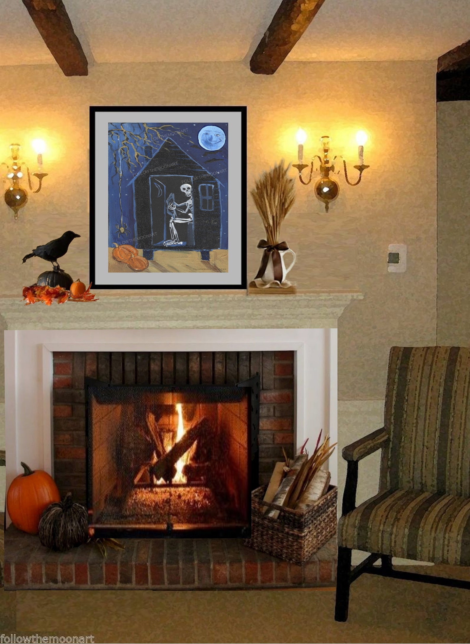 Skeleton Haunted Outhouse Full Moon Pumpkins Halloween Art Print - Etsy