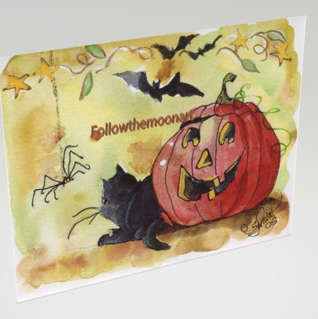 Black Cat Spider & Bats Watercolor Halloween Art Print - Etsy