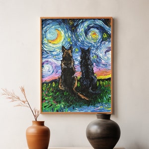 German Shepherd Starry Night Painting Print Two Dogs Art Dog Wall Art ...