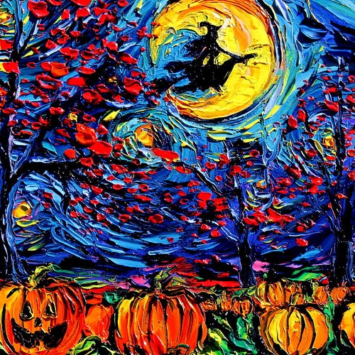 Starry Halloween Spooky Witch Jack O Lantern Pumpkin Print - Etsy