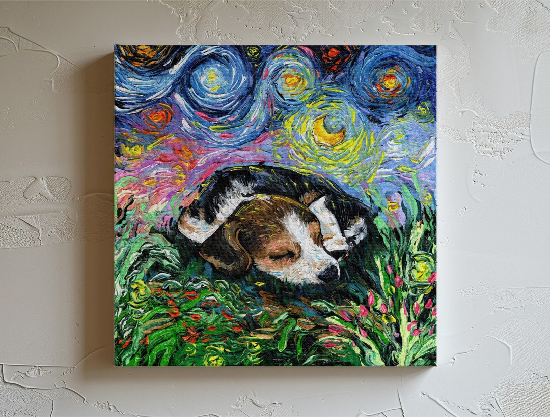 Dog Starry Night Painting Canvas Print | Sleeping Beagle Puppy | Dog ...