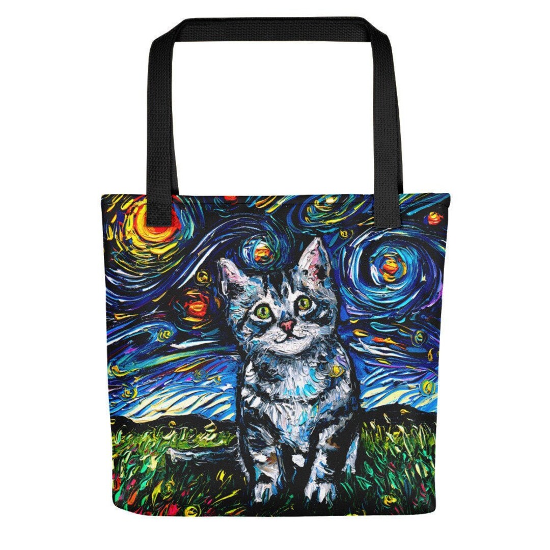 Gray Tabby Cat Kitten Starry Night Tote Bag Handbag Artwork by Aja Cat ...