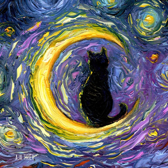 Luna VARIANT Black Cat on Crescent Moon Art Starry Night Art - Etsy