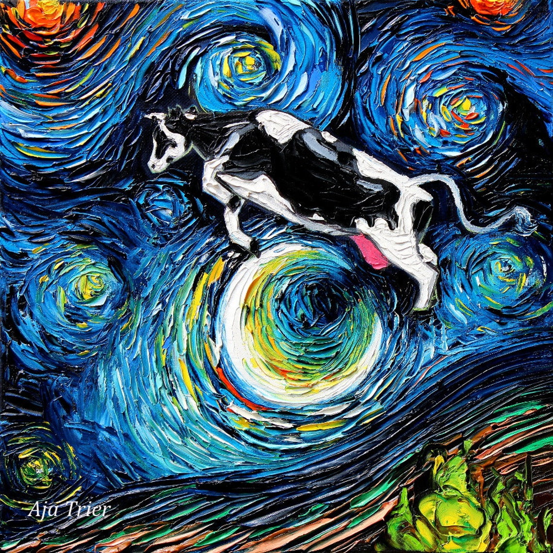 The Cow Jumped Over the Moon Starry Night Art Print by Aja | Etsy