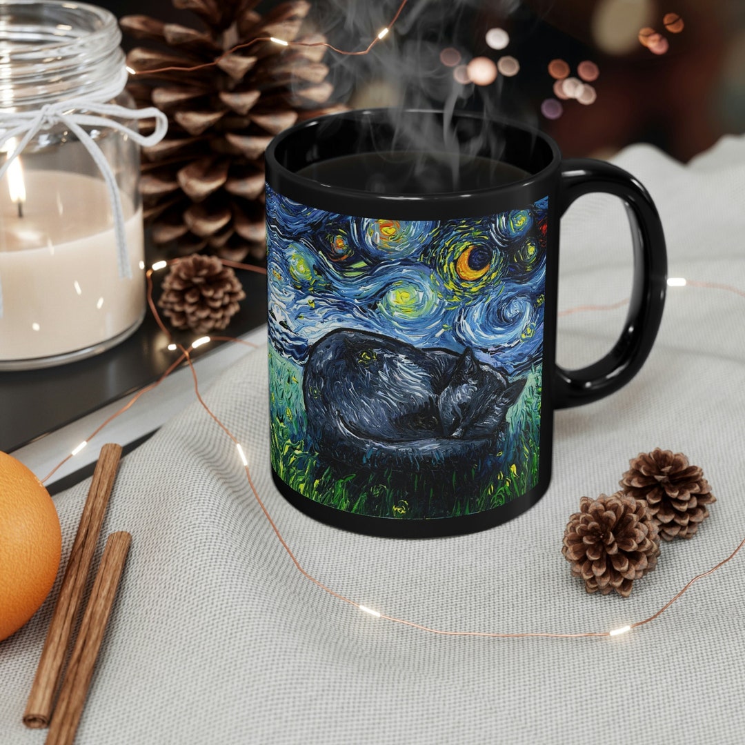 Starry Night Sleeping Black Cat Ceramic Coffee Mug Artisan Pet Lover ...