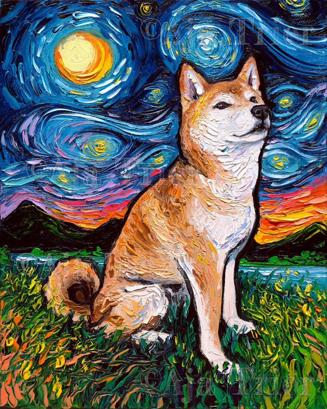 Shiba Inu Art CANVAS Print Starry Night Ready to Hang Wall Decor ...