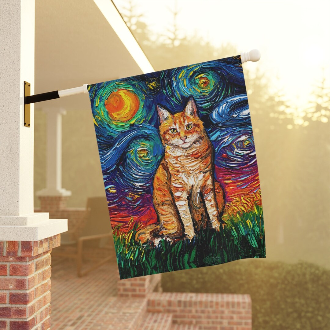 Orange Tabby Cat Outdoor Flag Double Sided Starry Night Garden Sign ...