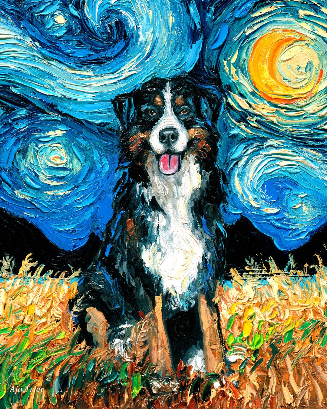 Bernese Mountain Dog Art 8x10 16x20 or 24x30 Starry Night Print Dog ...