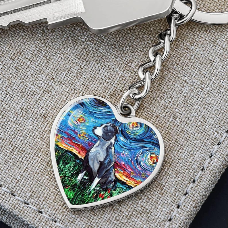 Engraved Pit Bull Keychain – Personalized Starry Night Heart Keyring ...