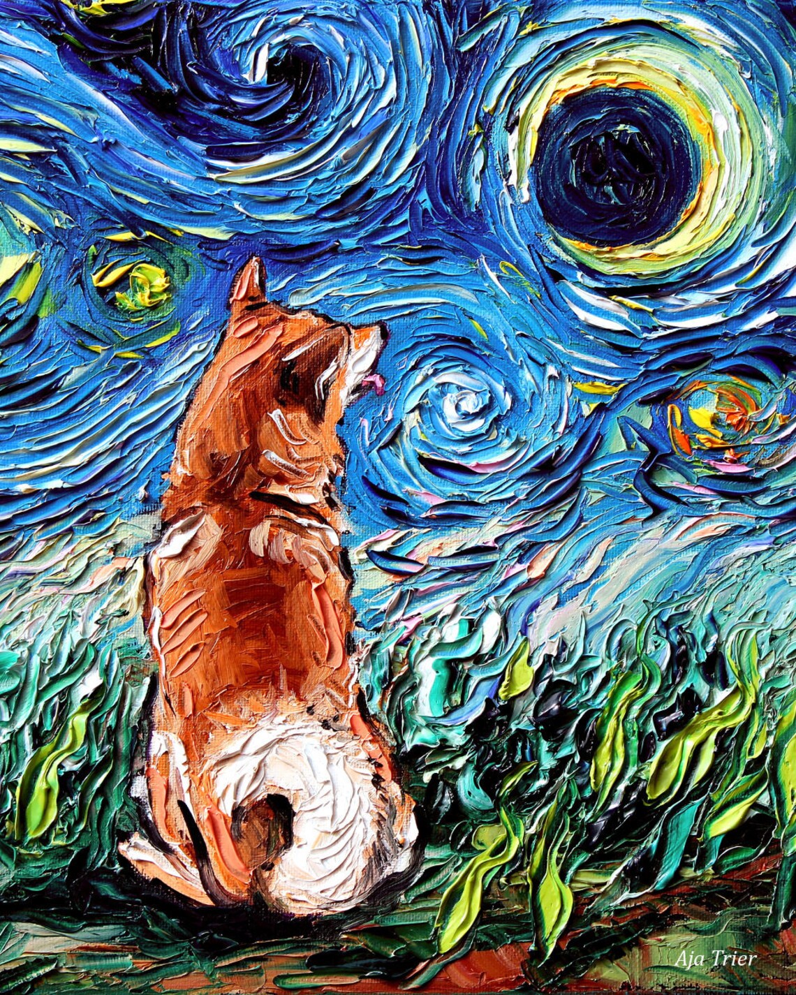 Shiba Inu Art 8x10 Starry Night Print Dog Lover Gift Cute Art by Aja ...