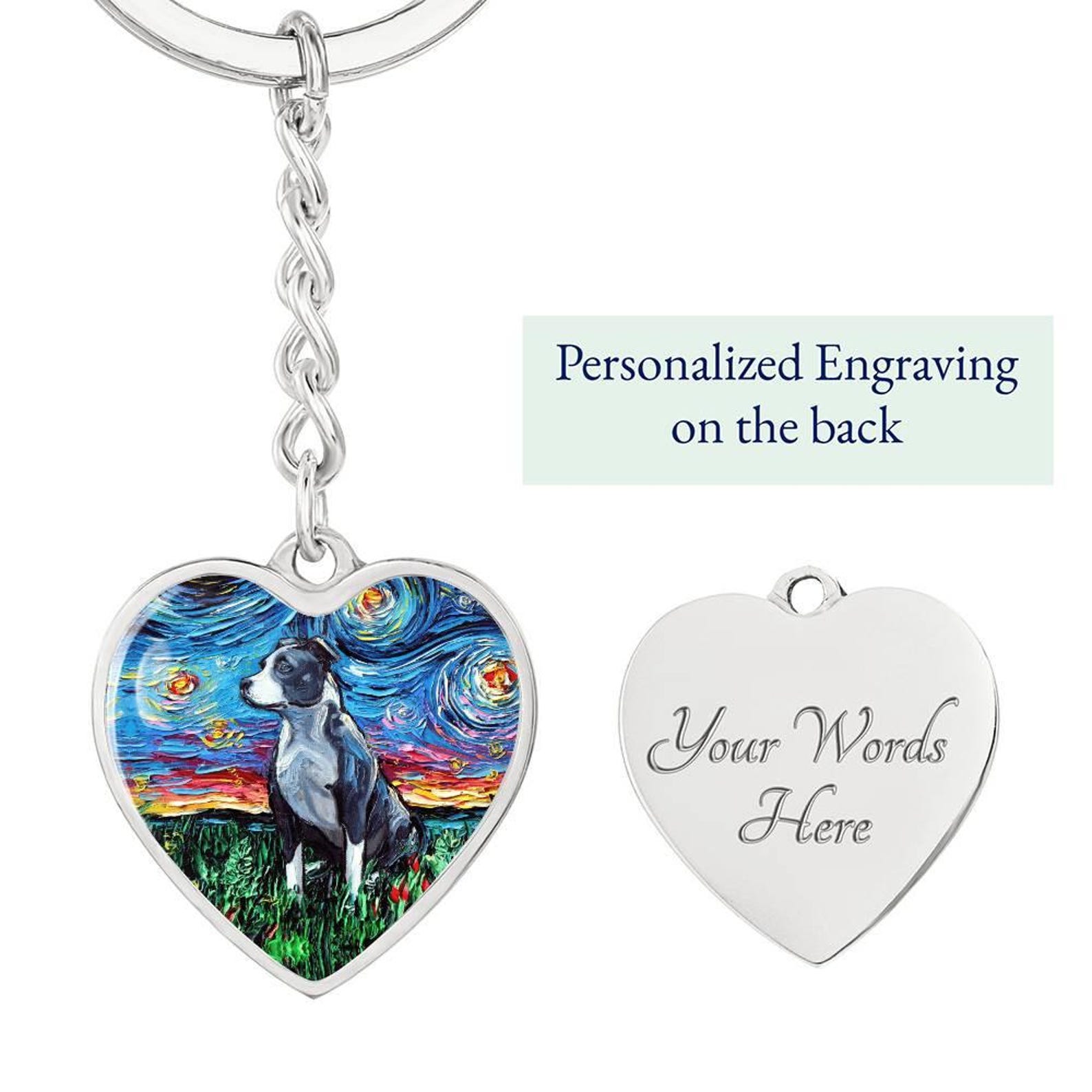 Engraved Pit Bull Keychain – Personalized Starry Night Heart Keyring ...