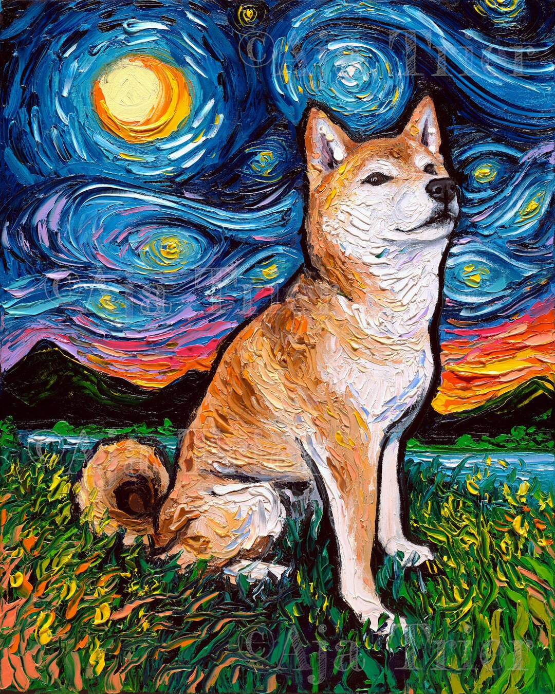 Shiba Inu 2 Art Starry Night Print by Aja Choose Size and Type of Paper ...