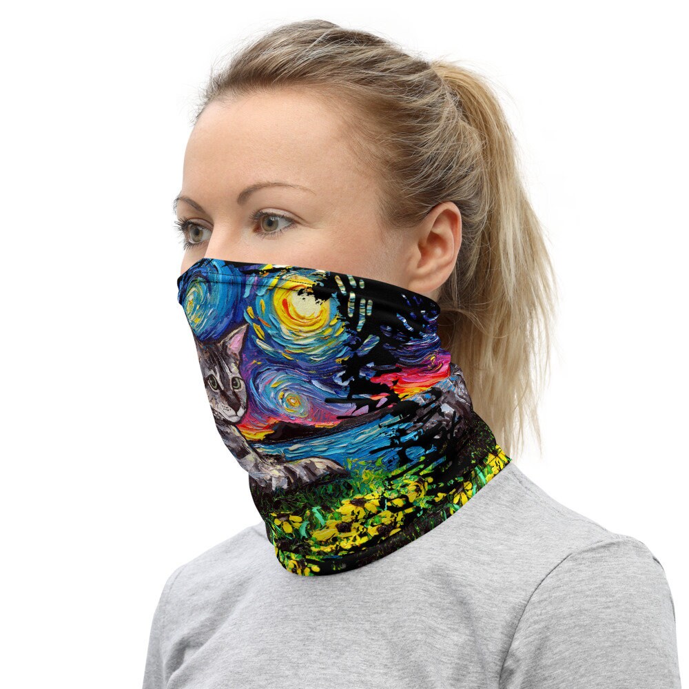 Gray Tabby Cat and Flowers Starry Night Art Face Mask Face | Etsy