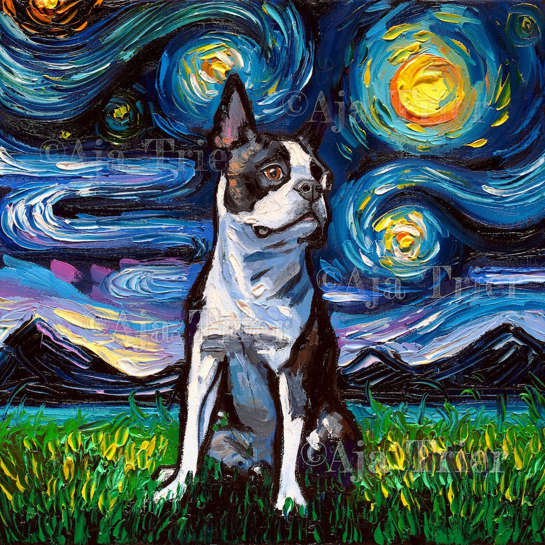 Boston Terrier Portrait Art Canvas Starry Night Art Print Dog Picture ...