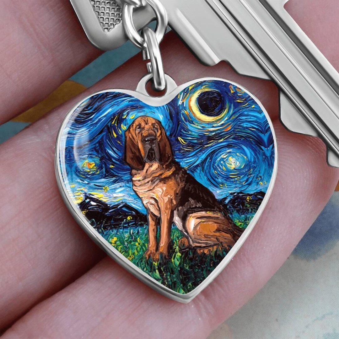 Engraved Bloodhound Keychain – Personalized Starry Night Heart Keyring ...