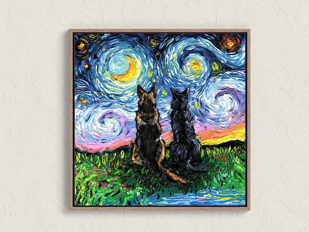 German Shepherd Starry Night Painting Print Two Dogs Art Dog Wall Art ...