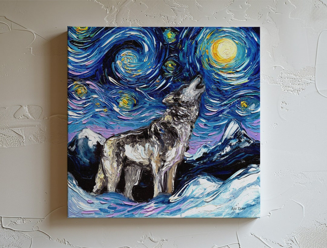 Howling Gray Wolf Starry Night Painting Canvas Print | Impressionist ...