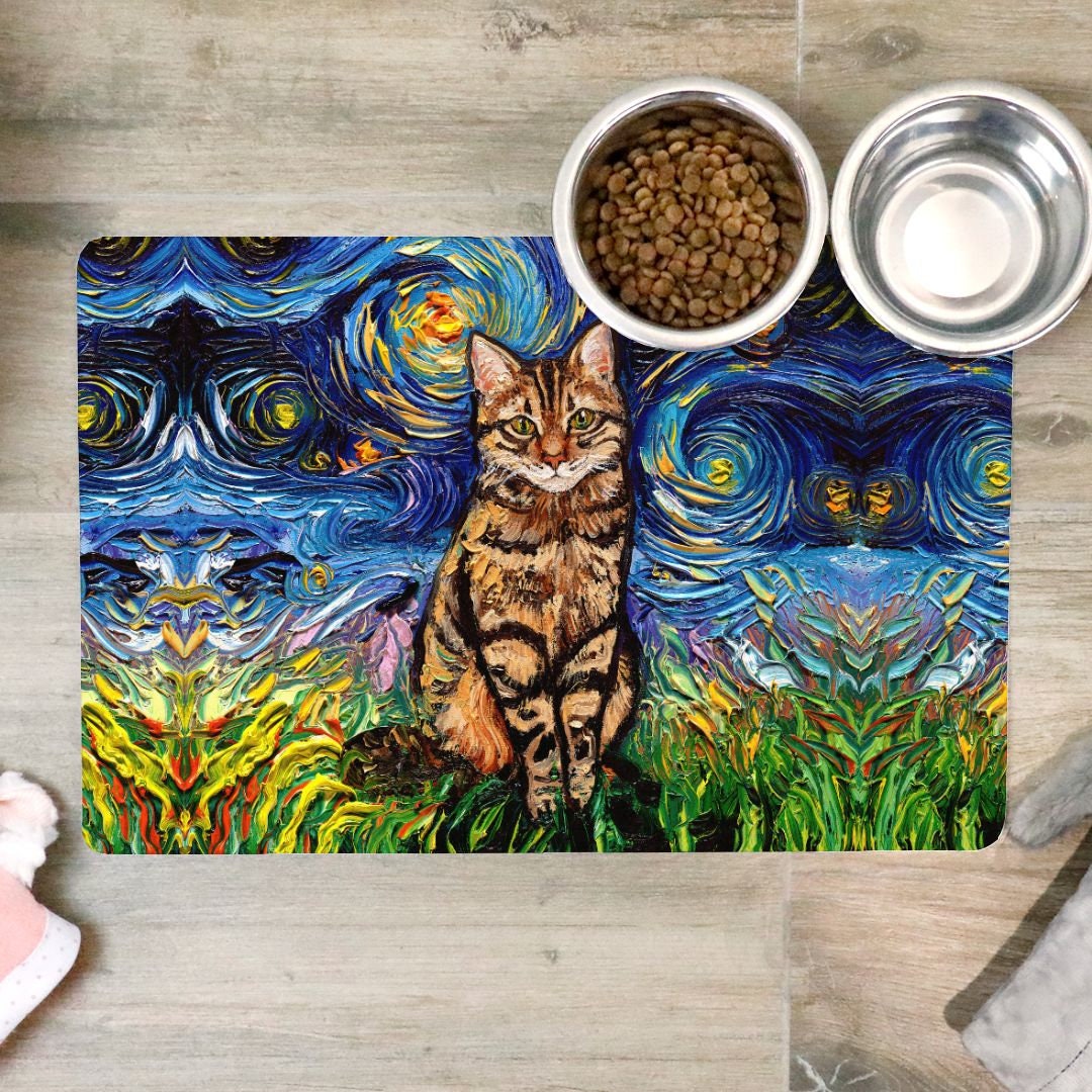 Pet Mat Brown Tabby Starry Night Cat Feeding Mat Nonslip Rubber 12x18 ...