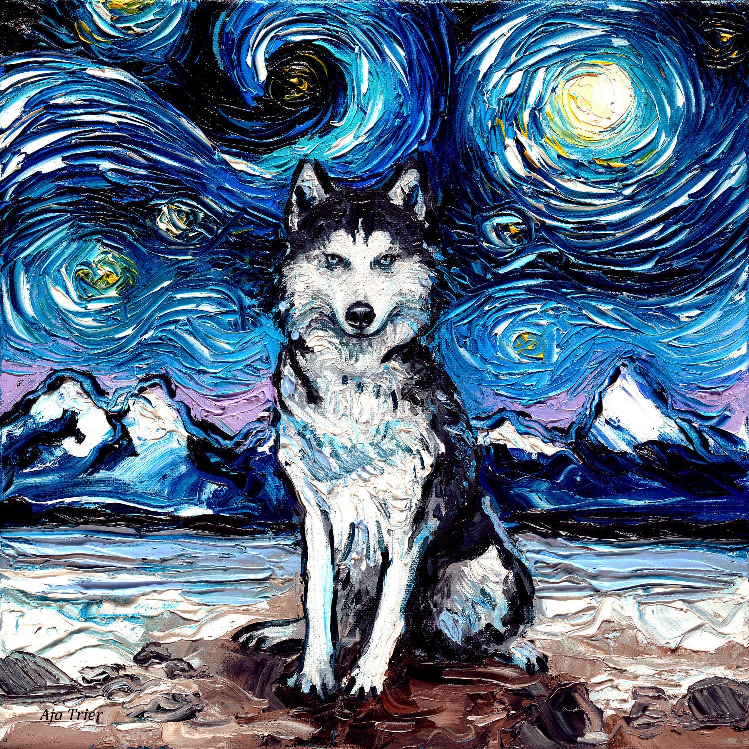 Siberian Husky Starry Night dog Art CANVAS print by Aja | Etsy