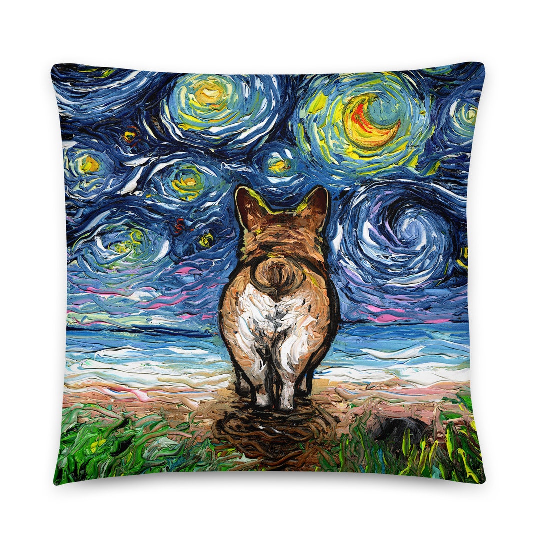 Basic Throw Pillow Fluffy Welsh Corgi Butt at the Beach Starry Night Dog Art by Aja 16x16 or ...