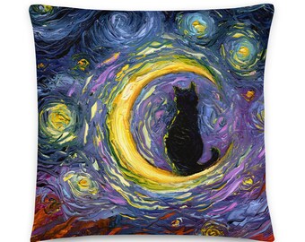 Luna Black Cat on Crescent Moon Art Starry Night Art Print by - Etsy