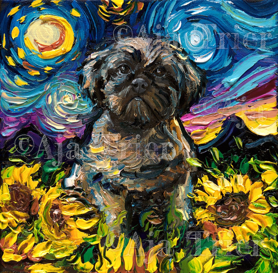 Shih Tzu and Sunflowers Starry Night Dog Art CANVAS Print by Aja Choose ...