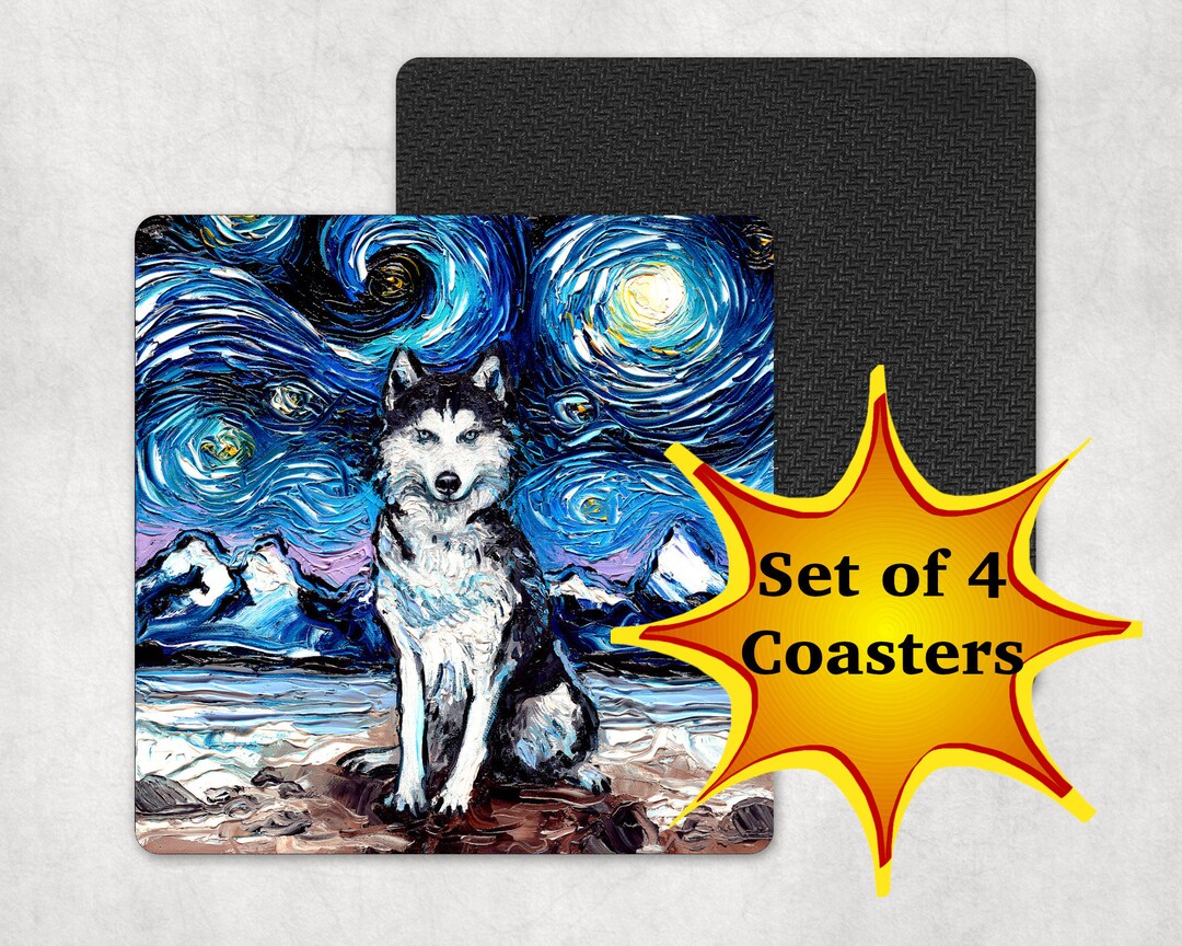 Coasters Set of 4 Siberian Husky Square Starry Night Dog 4x4 Inch ...