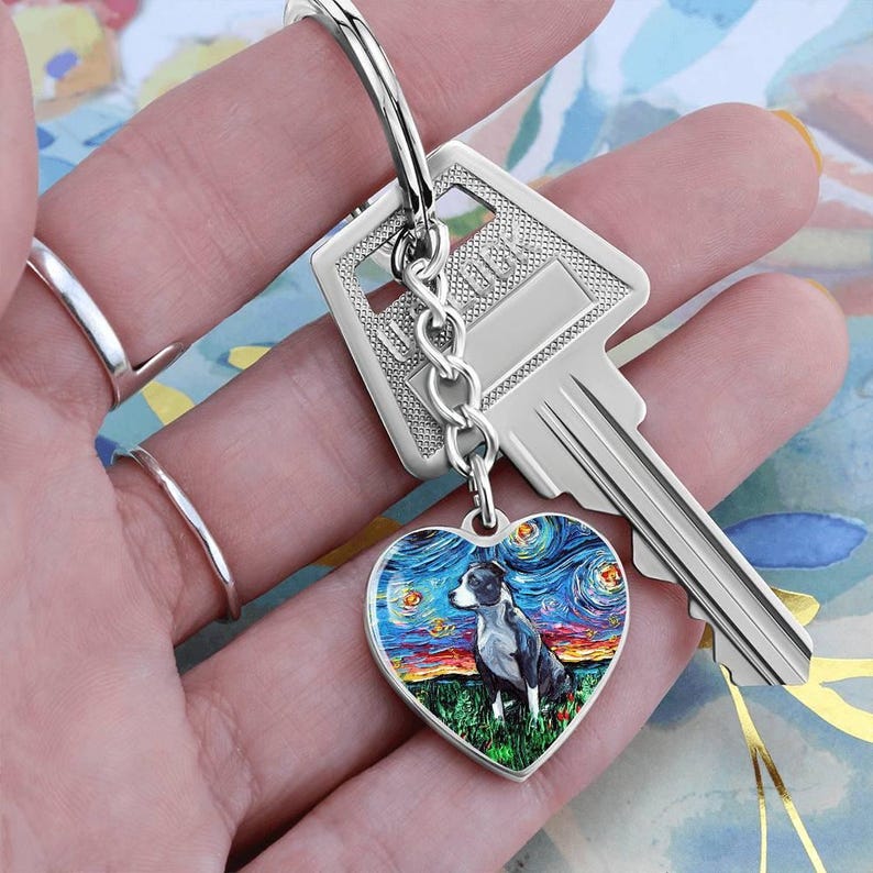 Engraved Pit Bull Keychain – Personalized Starry Night Heart Keyring ...