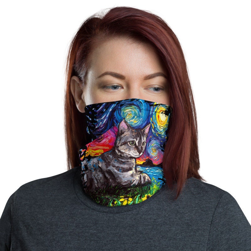 Gray Tabby Cat and Flowers Starry Night Art Face Mask Face | Etsy