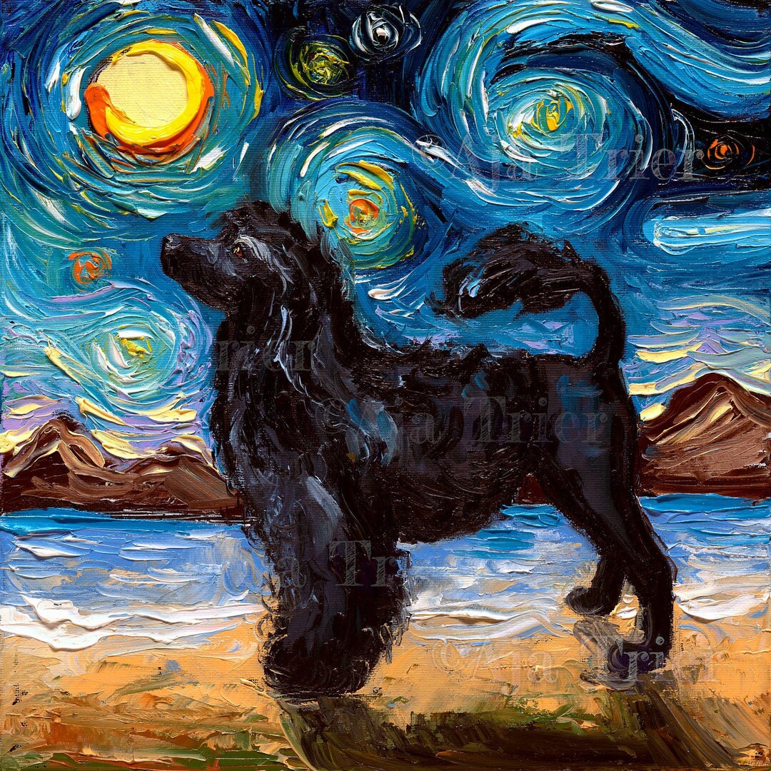 Portuguese Water Dog Art Starry Night Art Print Dog Picture by Aja ...