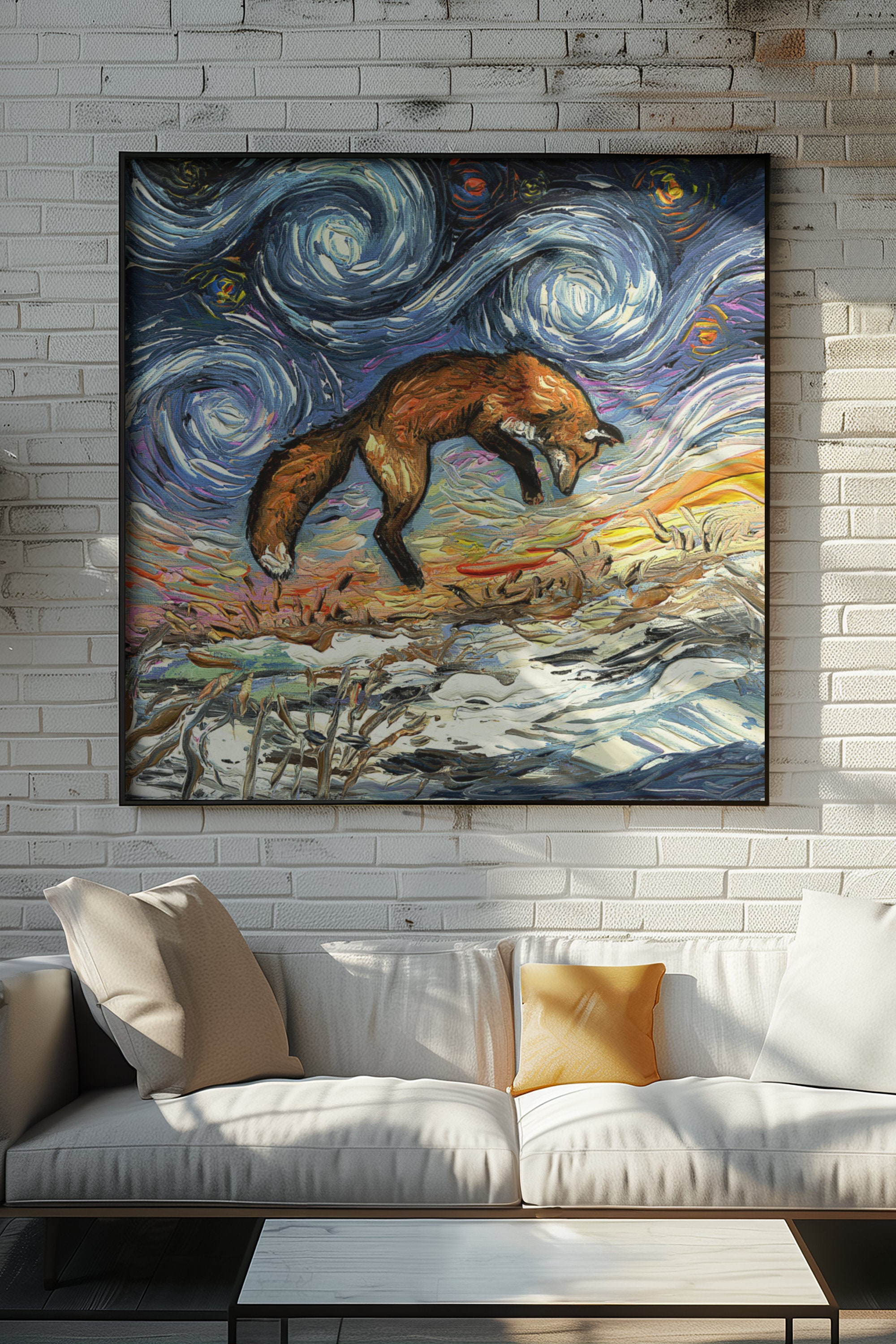 Jumping Red Fox Starry Night Painting Print | Impressionist Animal ...